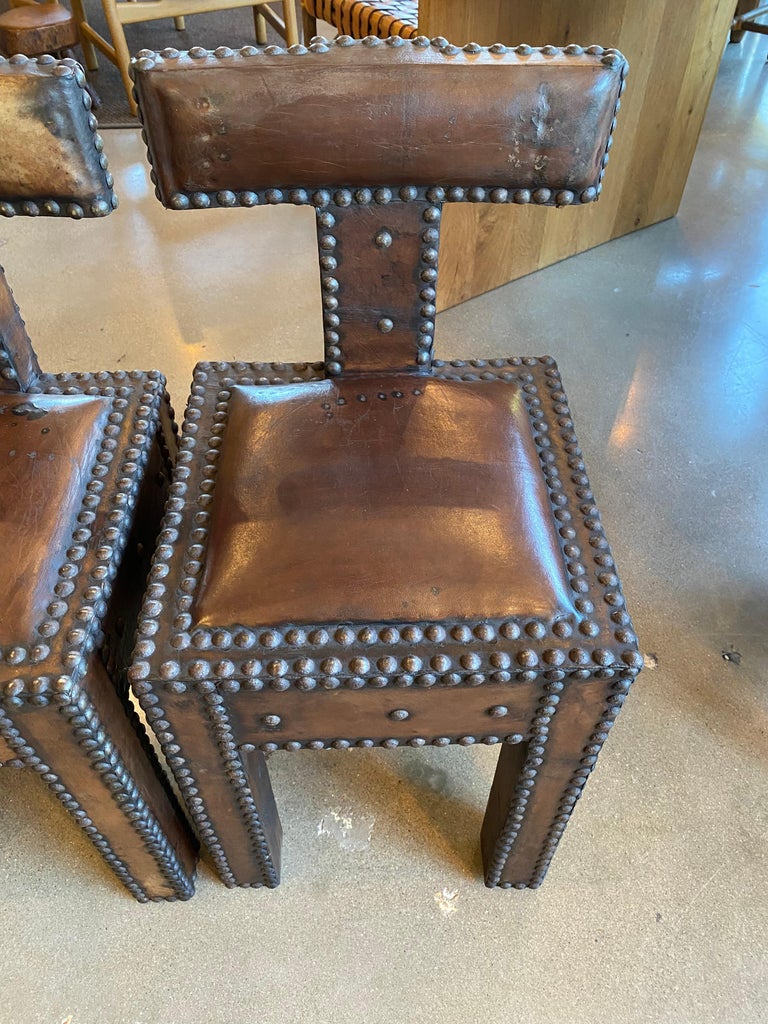 Leather and Nailhead T-Back Chair, France, 1960's at 1stDibs