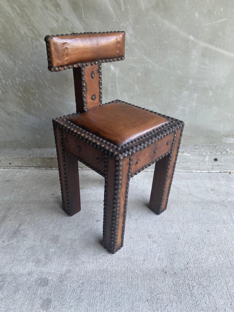 Leather and Nailhead T-Back Chair, France, 1960's at 1stDibs