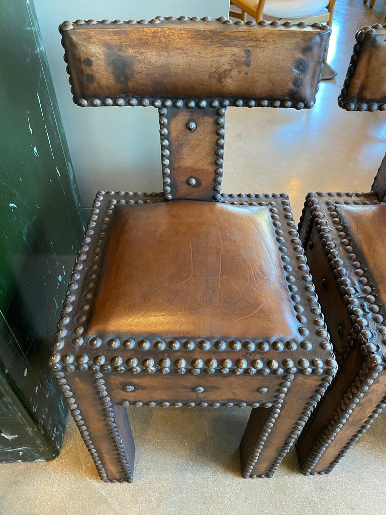 Leather and Nailhead T-Back Chair, France, 1960's at 1stDibs