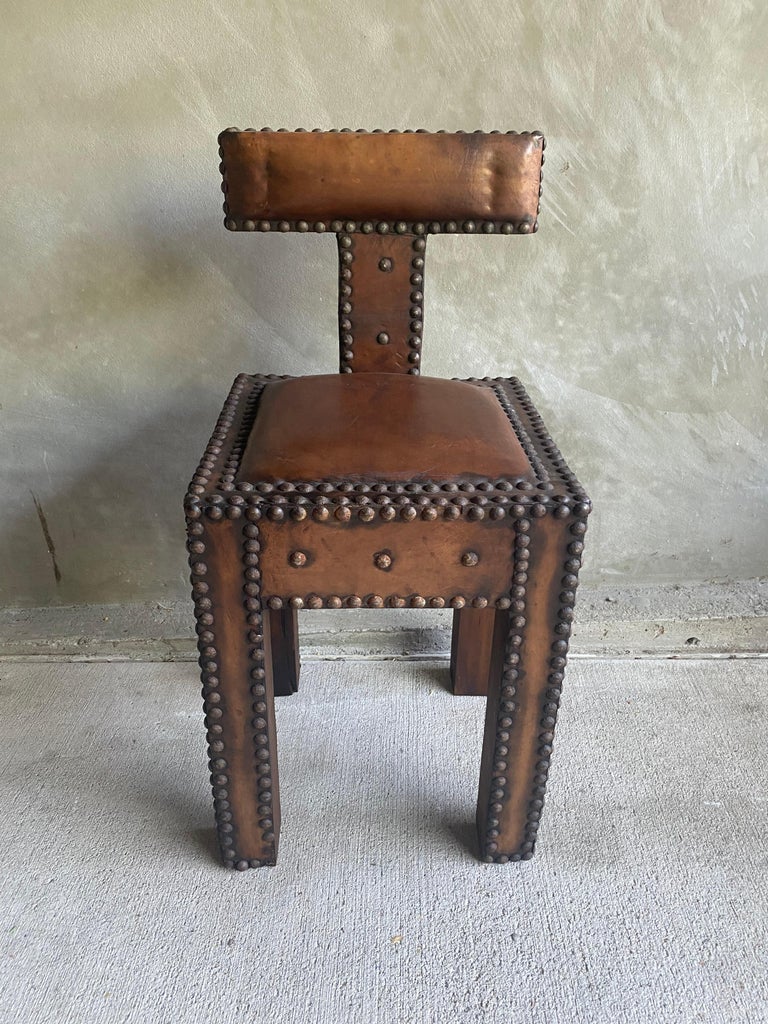 Leather and Nailhead T-Back Chair, France, 1960's at 1stDibs