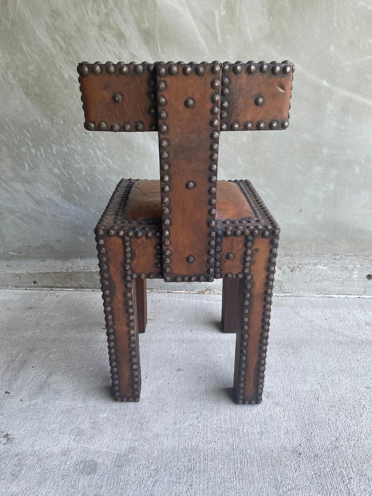 Leather and Nailhead T-Back Chair, France, 1960's at 1stDibs