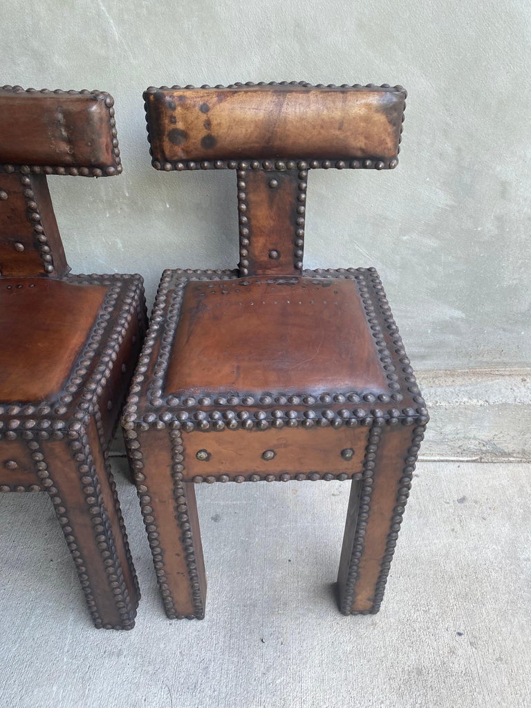 Leather and Nailhead T-Back Chair, France, 1960's at 1stDibs