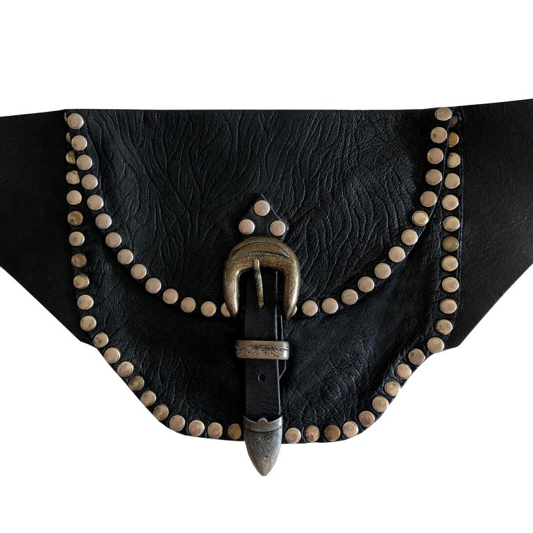 Leather Pocket Pouch Belt Bag - 1980s Vintage - Antique Gold Rivets ...
