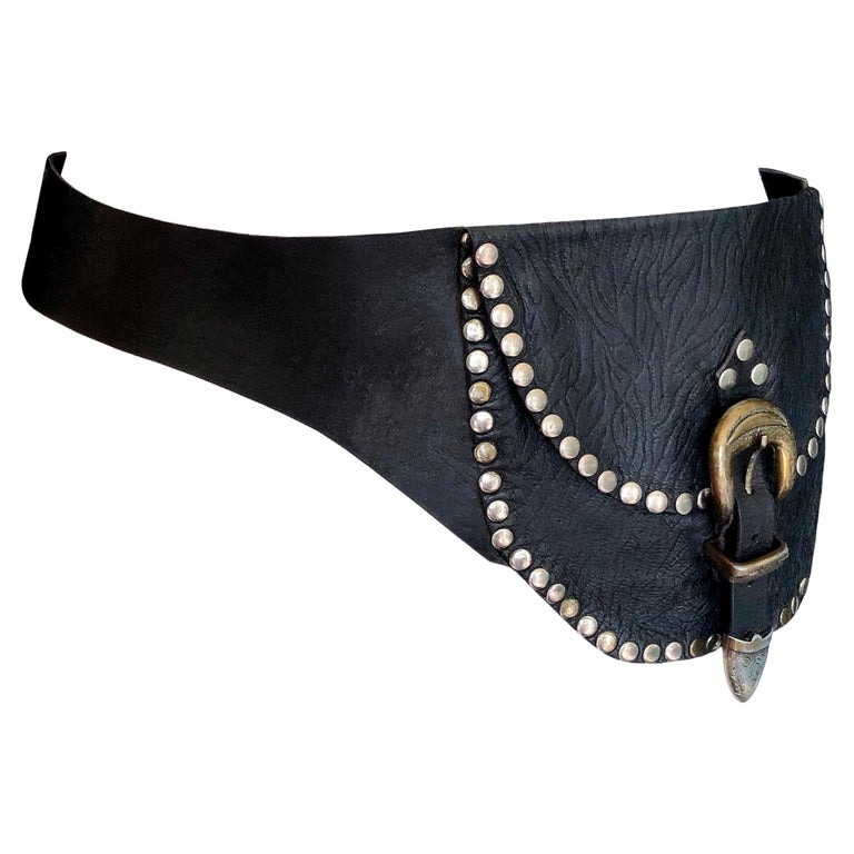 Leather Pocket Pouch Belt Bag - 1980s Vintage - Antique Gold Rivets ...
