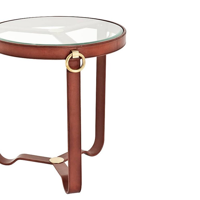 Leather Round Side Table with Antique Brass Finish For Sale at 1stDibs