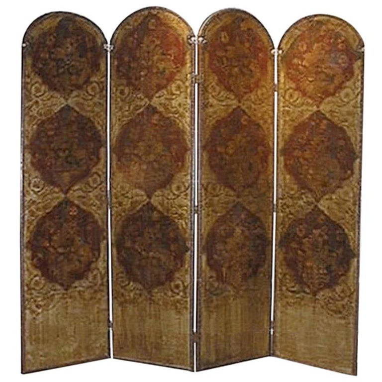 Leather Screen with Gilded Floral Scene For Sale at 1stDibs
