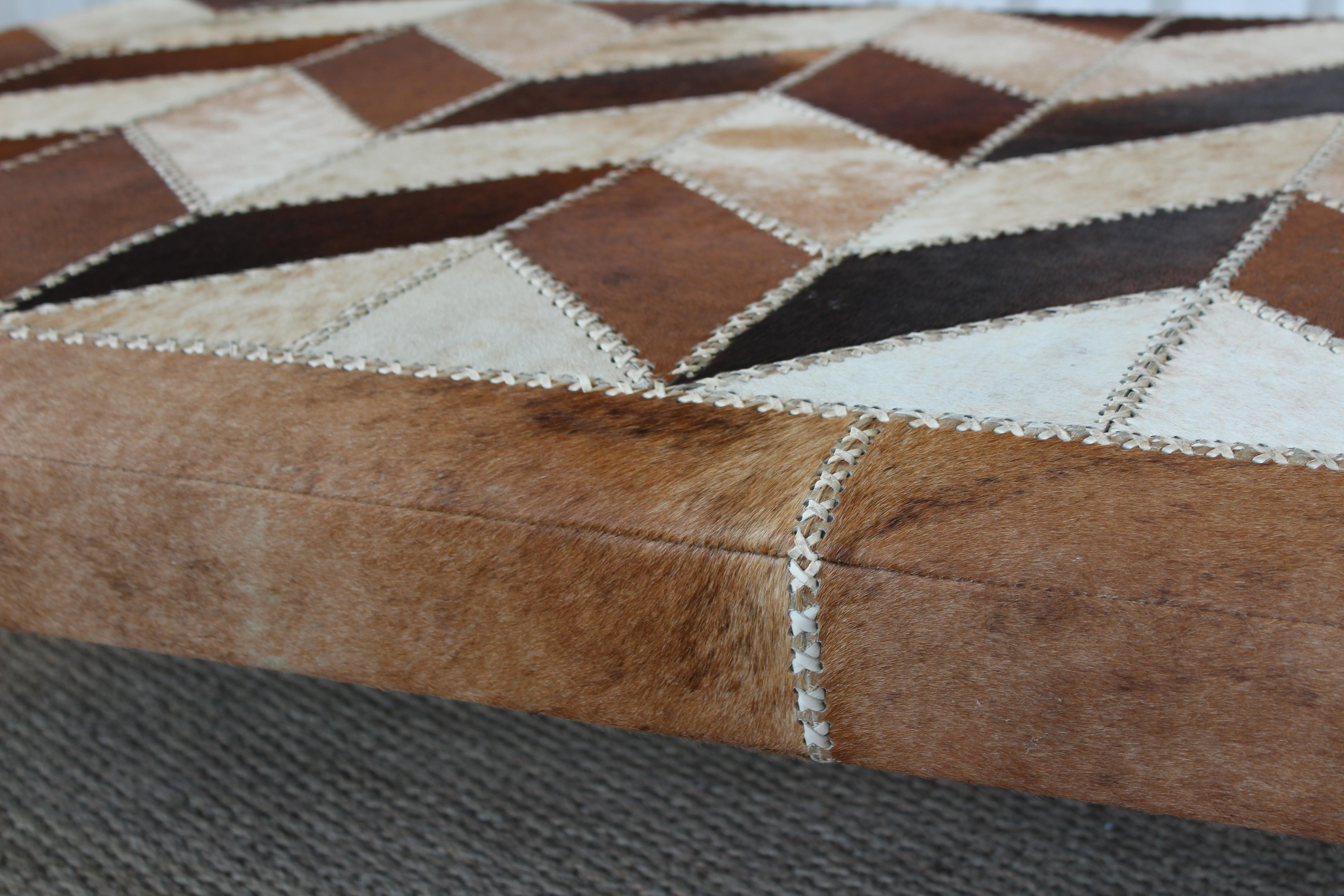 Leather Stitched Patchwork Cowhide Ottoman at 1stDibs