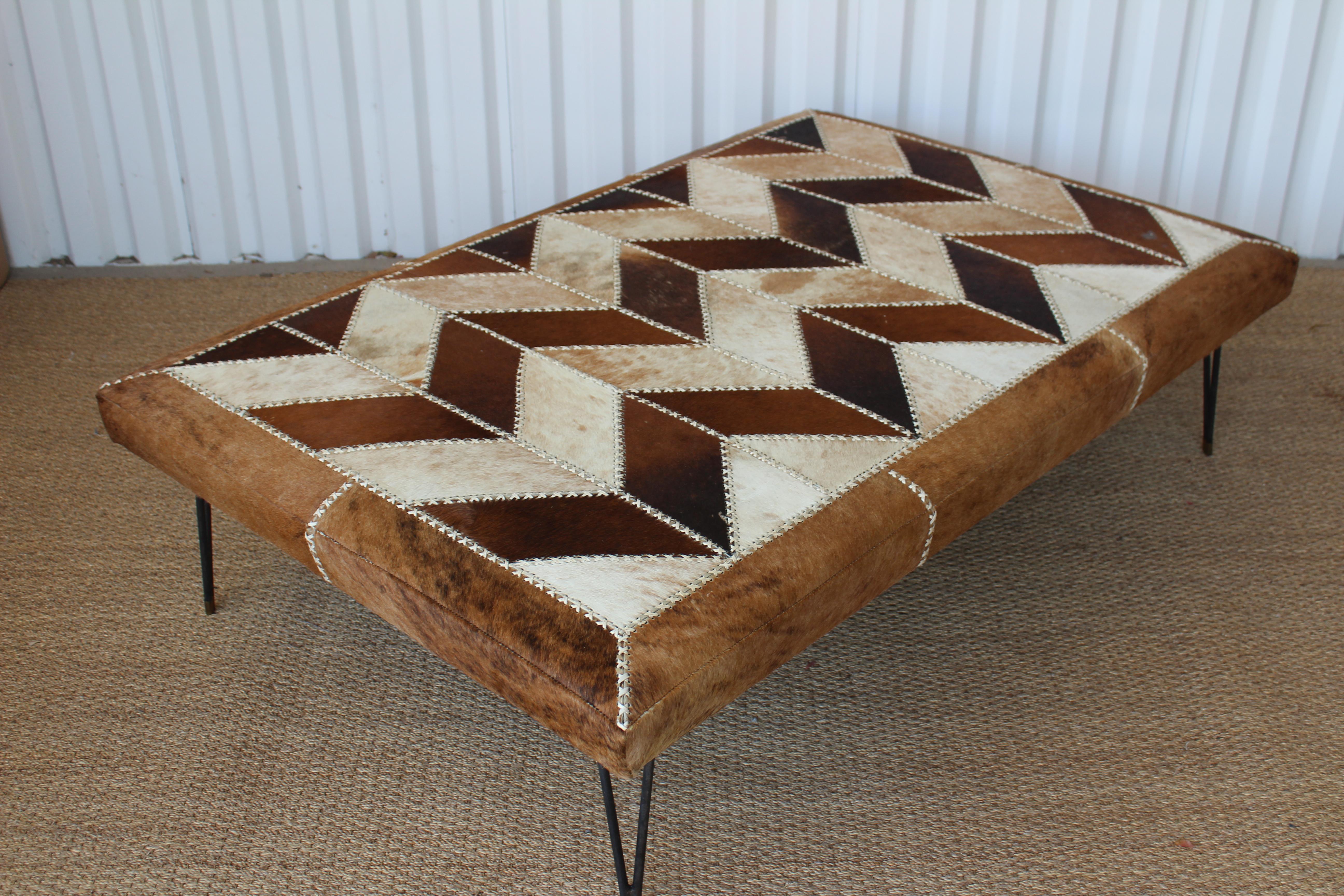 Leather Stitched Patchwork Cowhide Ottoman at 1stDibs