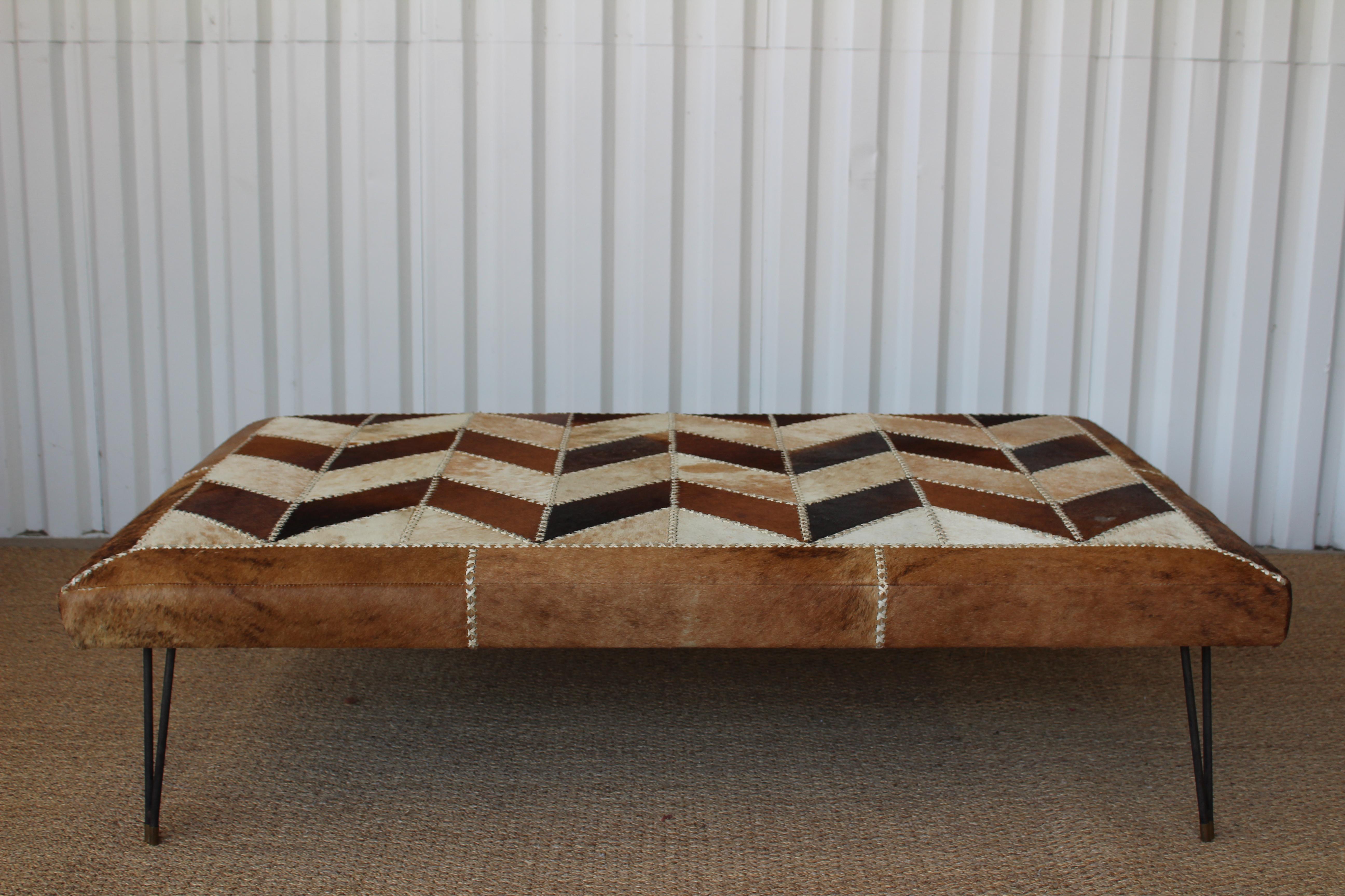 Leather Stitched Patchwork Cowhide Ottoman at 1stDibs
