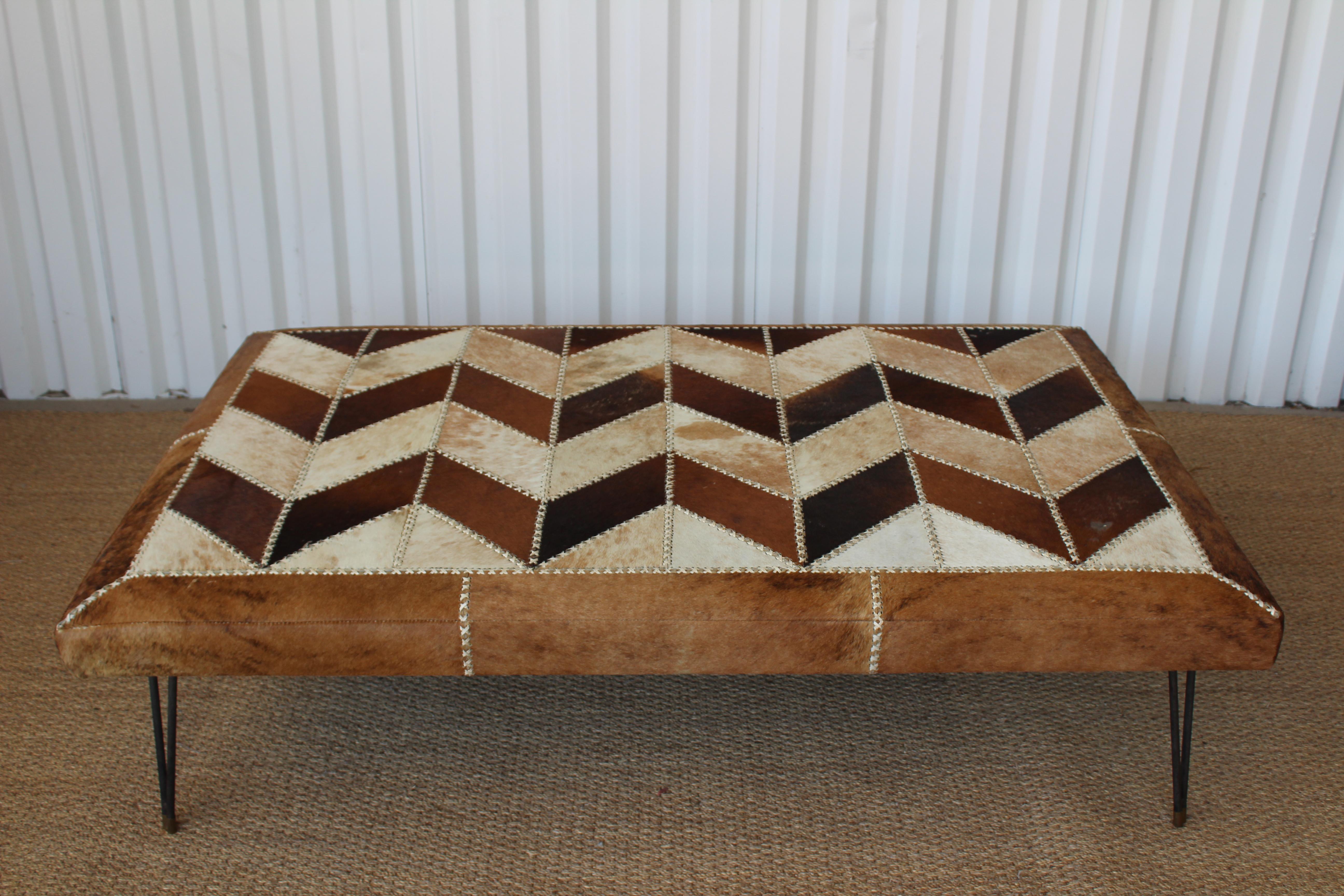 Leather Stitched Patchwork Cowhide Ottoman at 1stDibs