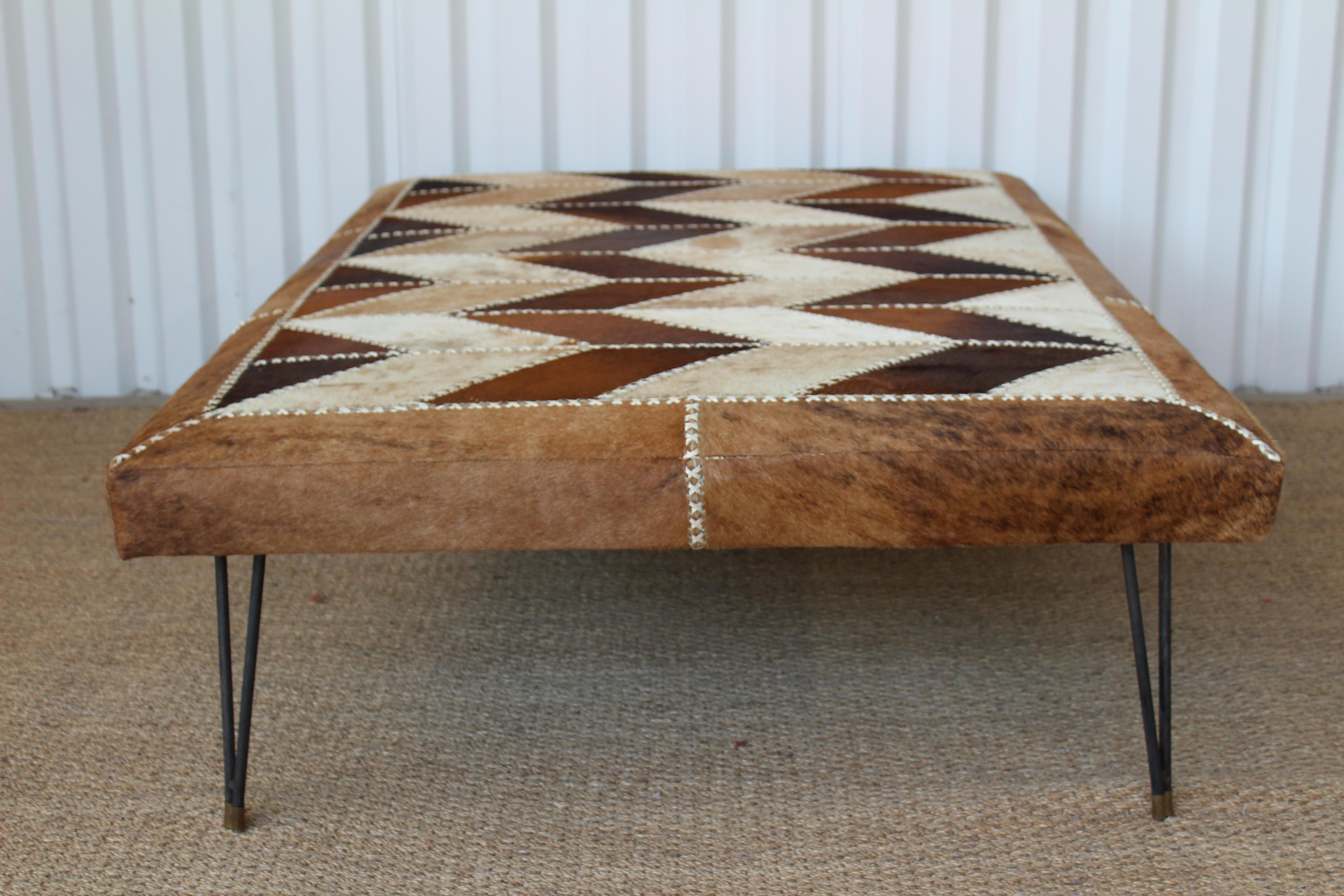 Leather Stitched Patchwork Cowhide Ottoman at 1stDibs