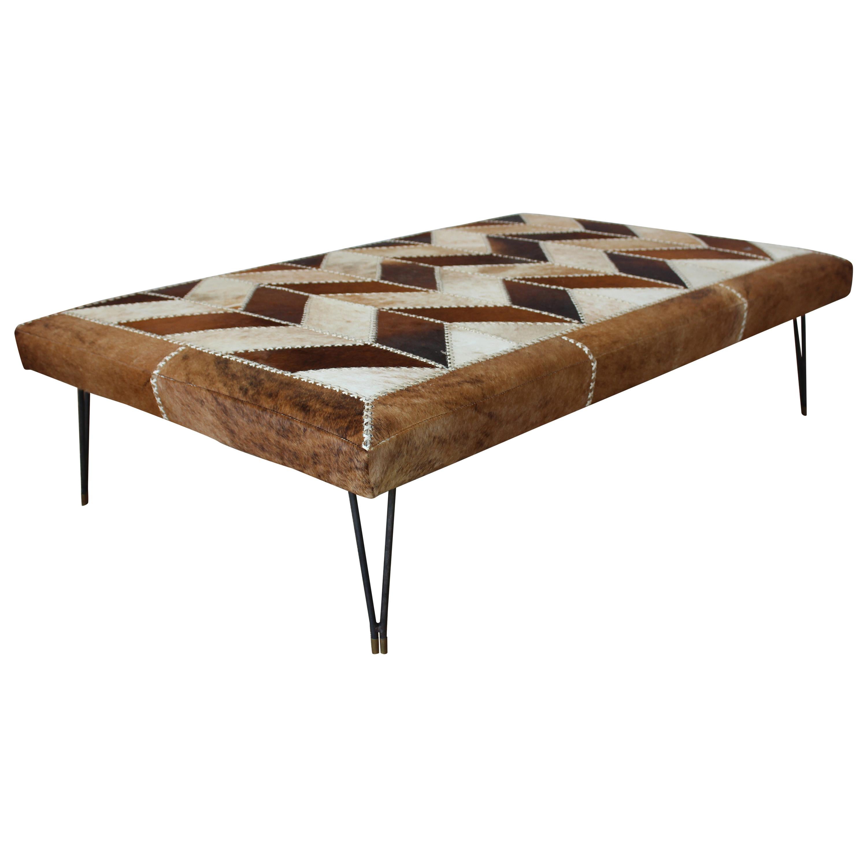 Leather Stitched Patchwork Cowhide Ottoman at 1stDibs