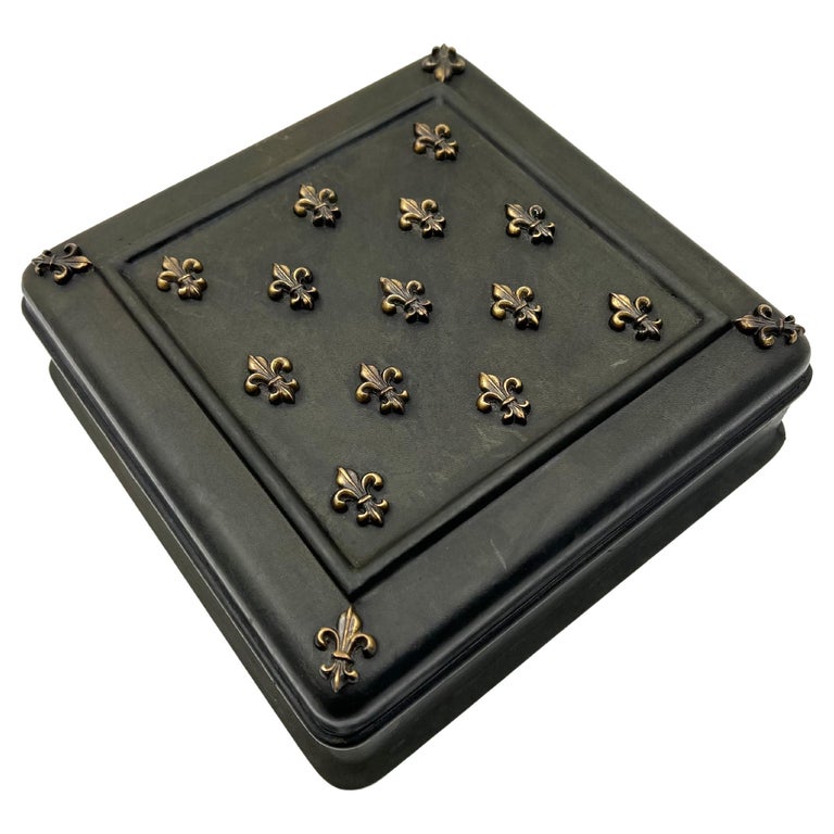 Leather Wrapped Italian Covered Box with Fleur De Lis Motif For Sale at ...
