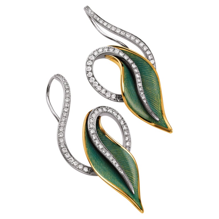 Leave Earrings 18k White Gold/Yellow Gold Turquoise Enamel 102 Diamonds ...