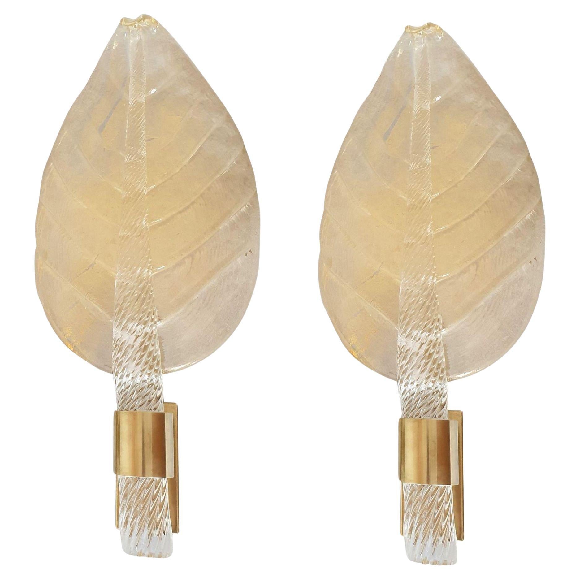 Pair of Murano Glass Gold Leaves Wall Sconces For Sale at 1stDibs