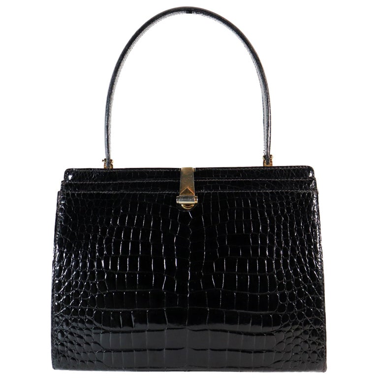 Lederer Black Alligator Purse W/ Gold Hardware and Expandable Frame For ...