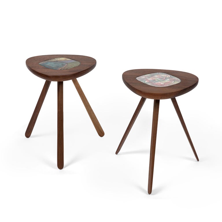 Allen Ditson and Lee Porzio Side Tables in Walnut and Hand-Painte Tile ...
