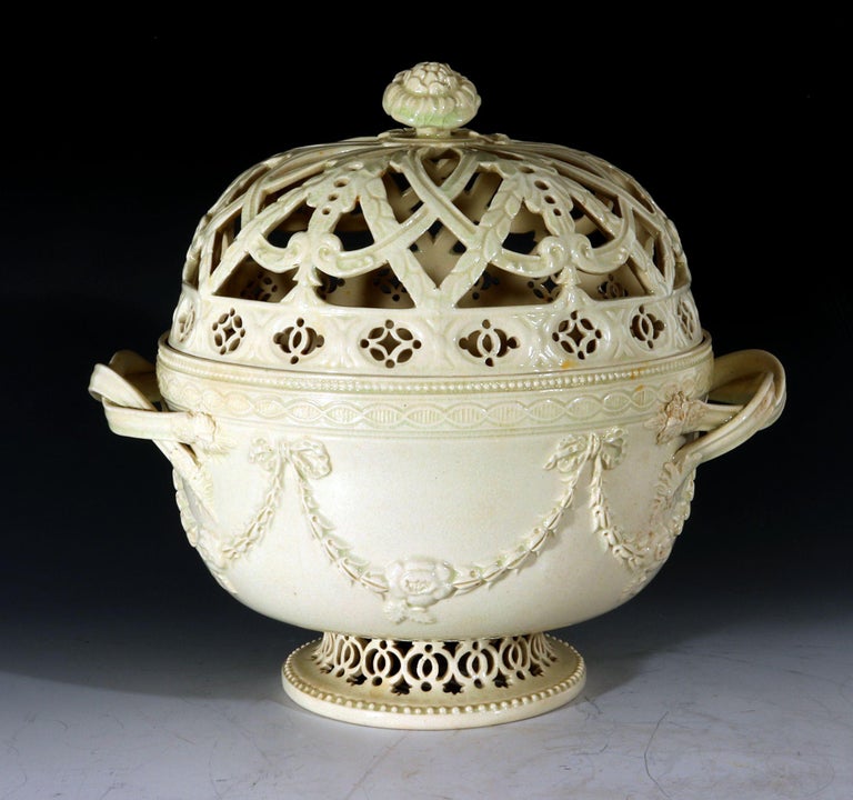 Leeds Creamware Pottery Covered Chestnut Basket and Cover at 1stDibs