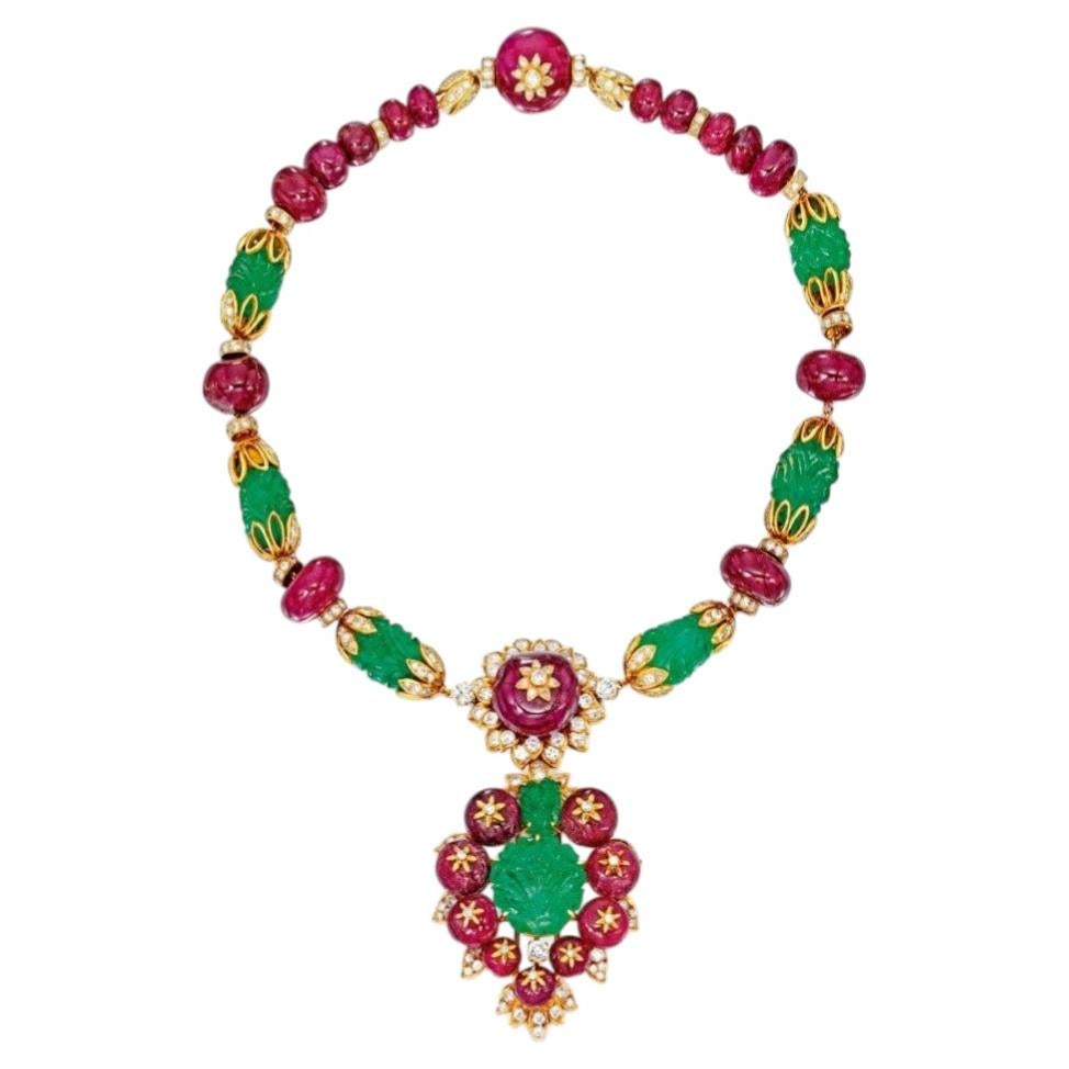 Legendary Van Cleef and Arpels Carved Emerald and Ruby Necklace For ...