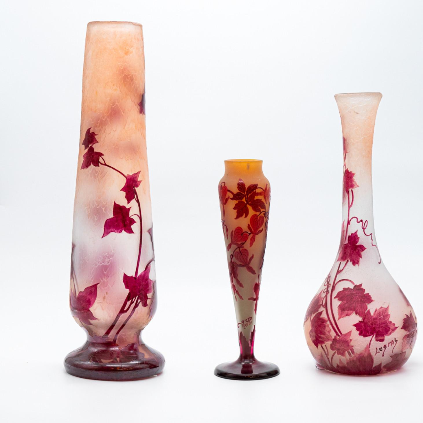 Legras and Gallé Signed, Set of Large Acid Etched Enameled Glass Vases ...