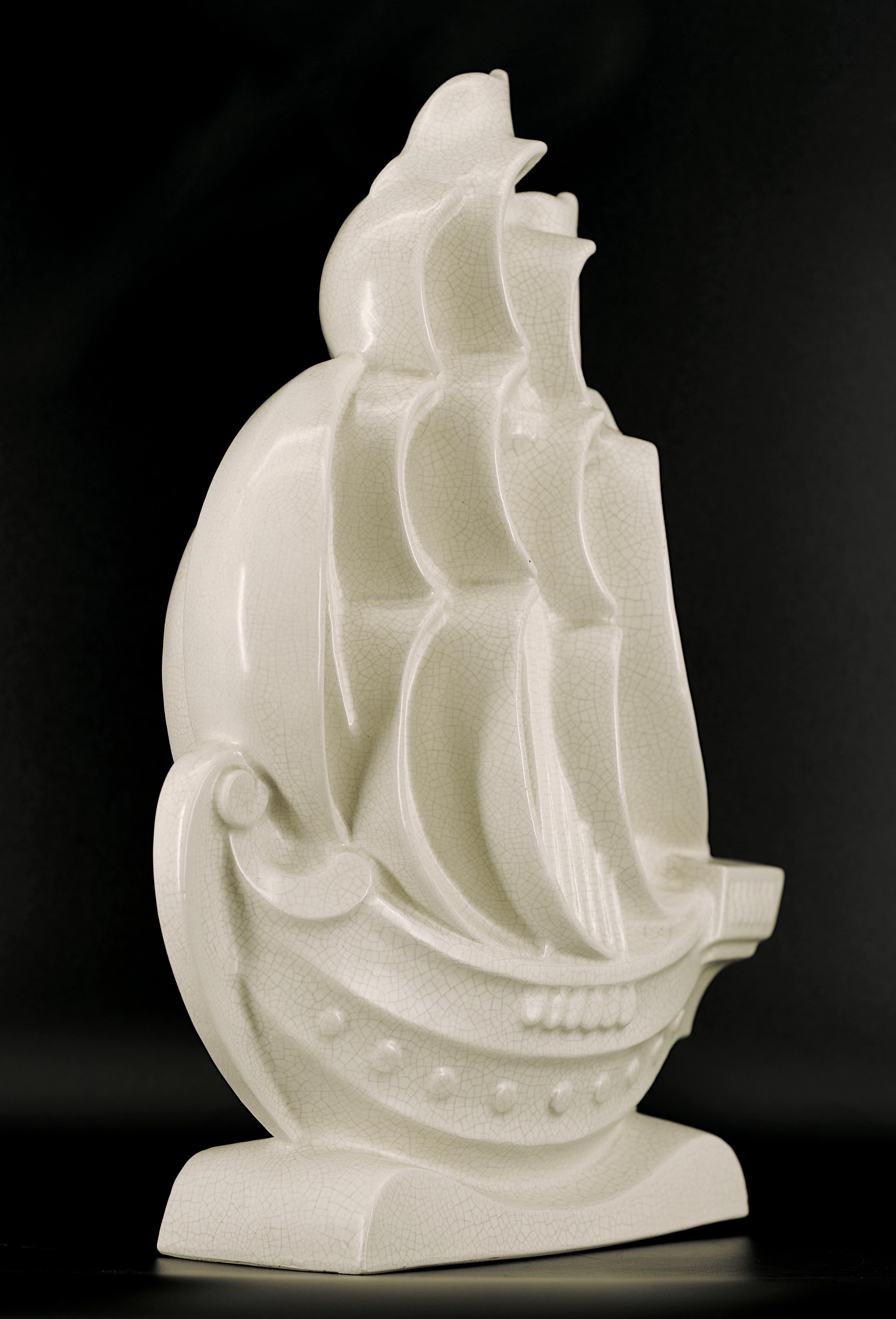 Lejan French Art Deco Crackle Glaze Ceramic Ship Sculpture at Orchies's ...