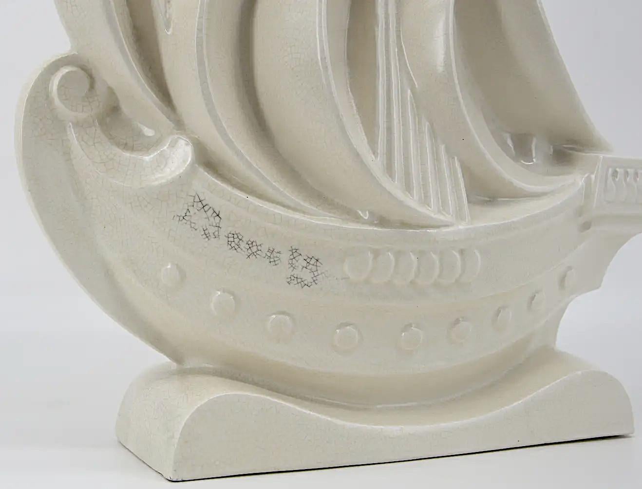 Lejan French Art Deco Crackle Glaze Ceramic Ship Sculpture at Orchies's ...