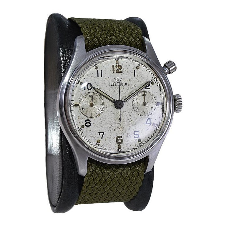 Lemania Stainless Steel Military Single Button Chronograph Manual Watch ...