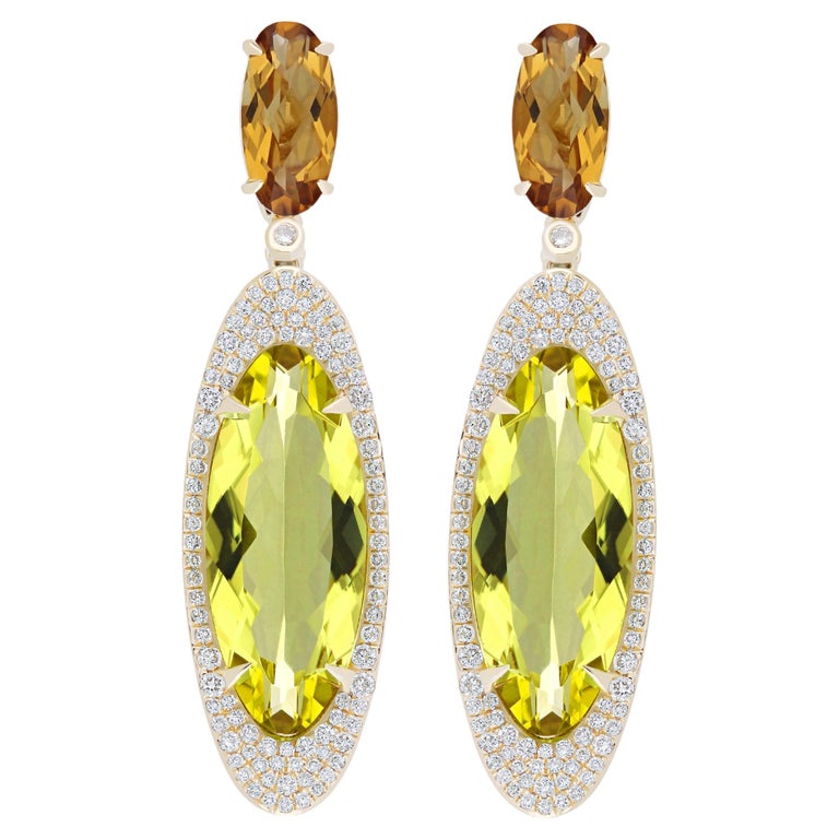 Lemon Citrine, Citrine and Diamond Earring 14 karat Yellow Gold Studded ...