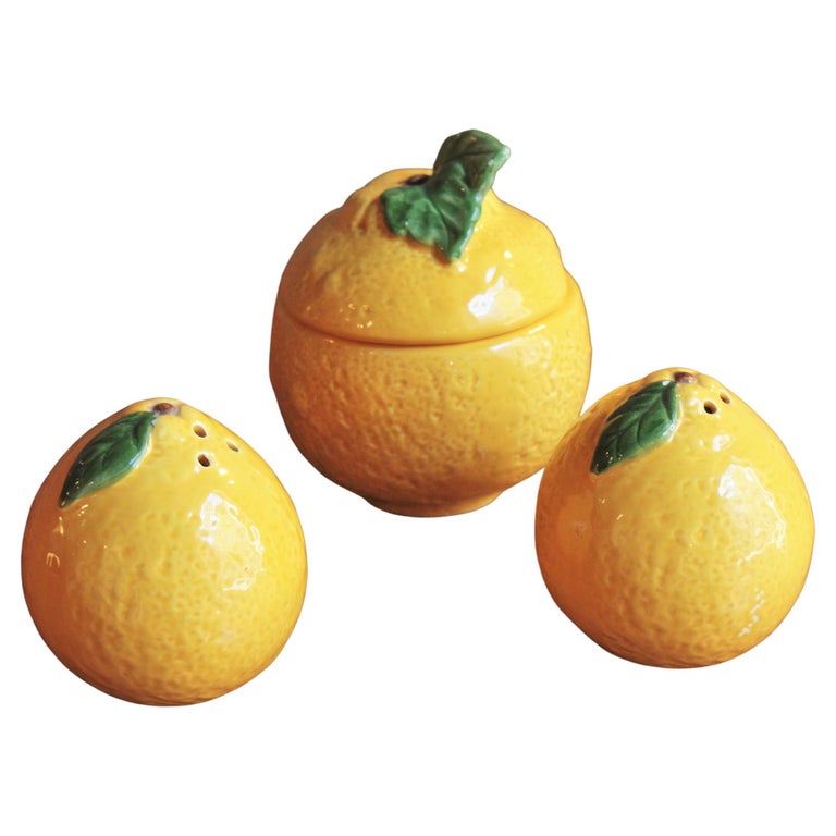 Lemon Glazed Ceramic Majolica Salt and Pepper Shakers and Sugar Bowl at ...