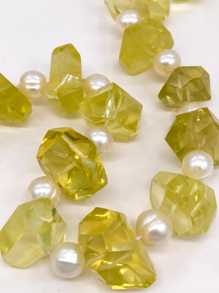 Lemon Quartz and Fresh Water Pearls Necklace with Pearl Loop Clasp For ...