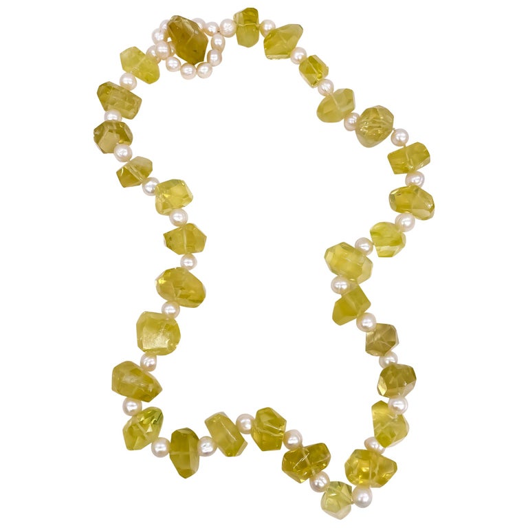 Lemon Quartz and Fresh Water Pearls Necklace with Pearl Loop Clasp For ...