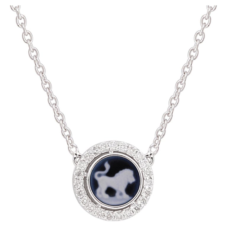 Leo Carving Gemstone Zodiac Diamond Charm Necklace 14 Karat White Gold ...