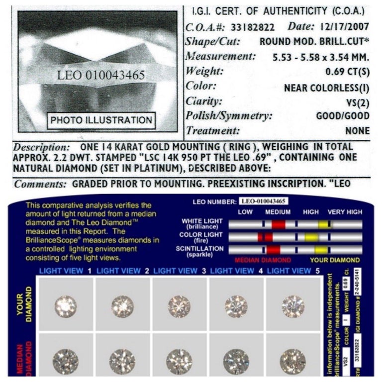 LEO Diamond Engagement Ring Round 0.69 Carat I VS2 14 Karat White Gold ...