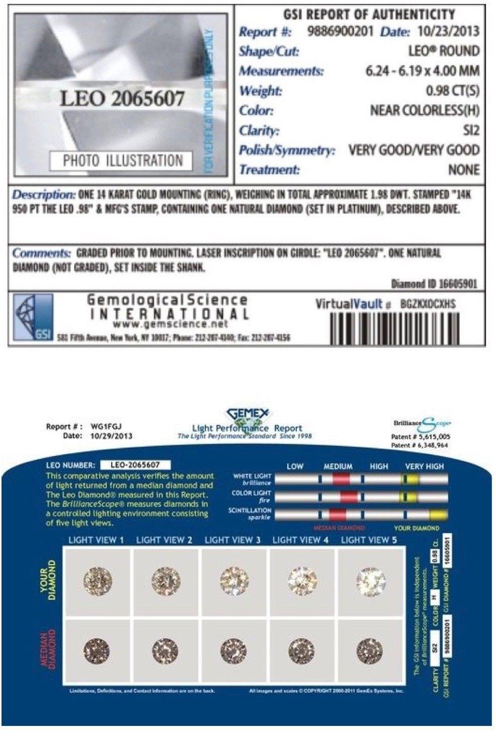 Leo Diamond Solitaire Engagement Ring Round 0.98 Carat H SI2 14 Karat ...