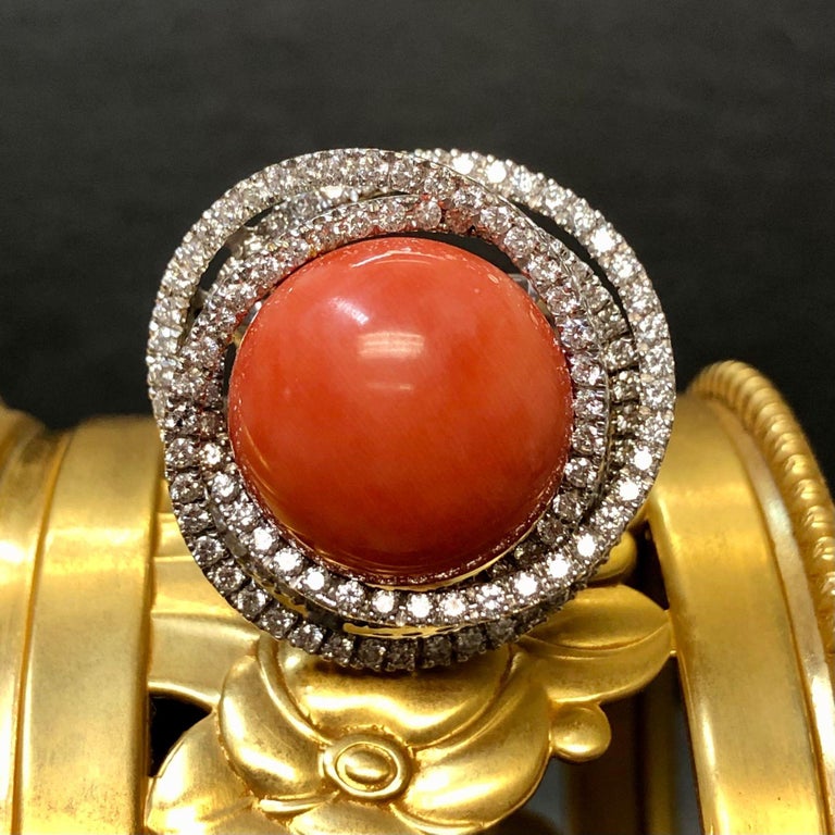 Leo Pizzo Large 18K Red Coral Spiral Diamond Ring For Sale at 1stDibs