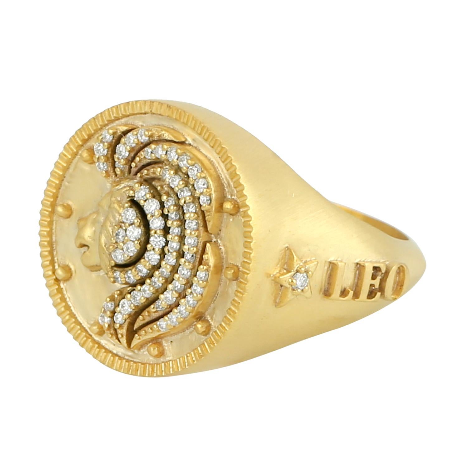 Taurus Zodiac Ring With Pave Diamonds Made in 14k Yellow Gold For Sale ...