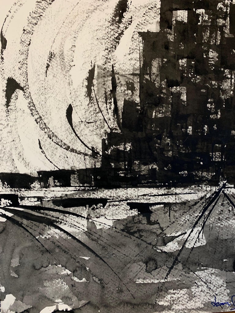 LEON COLLARD - 1980s "Cityscape of Black and White" Abstract Landscape ...