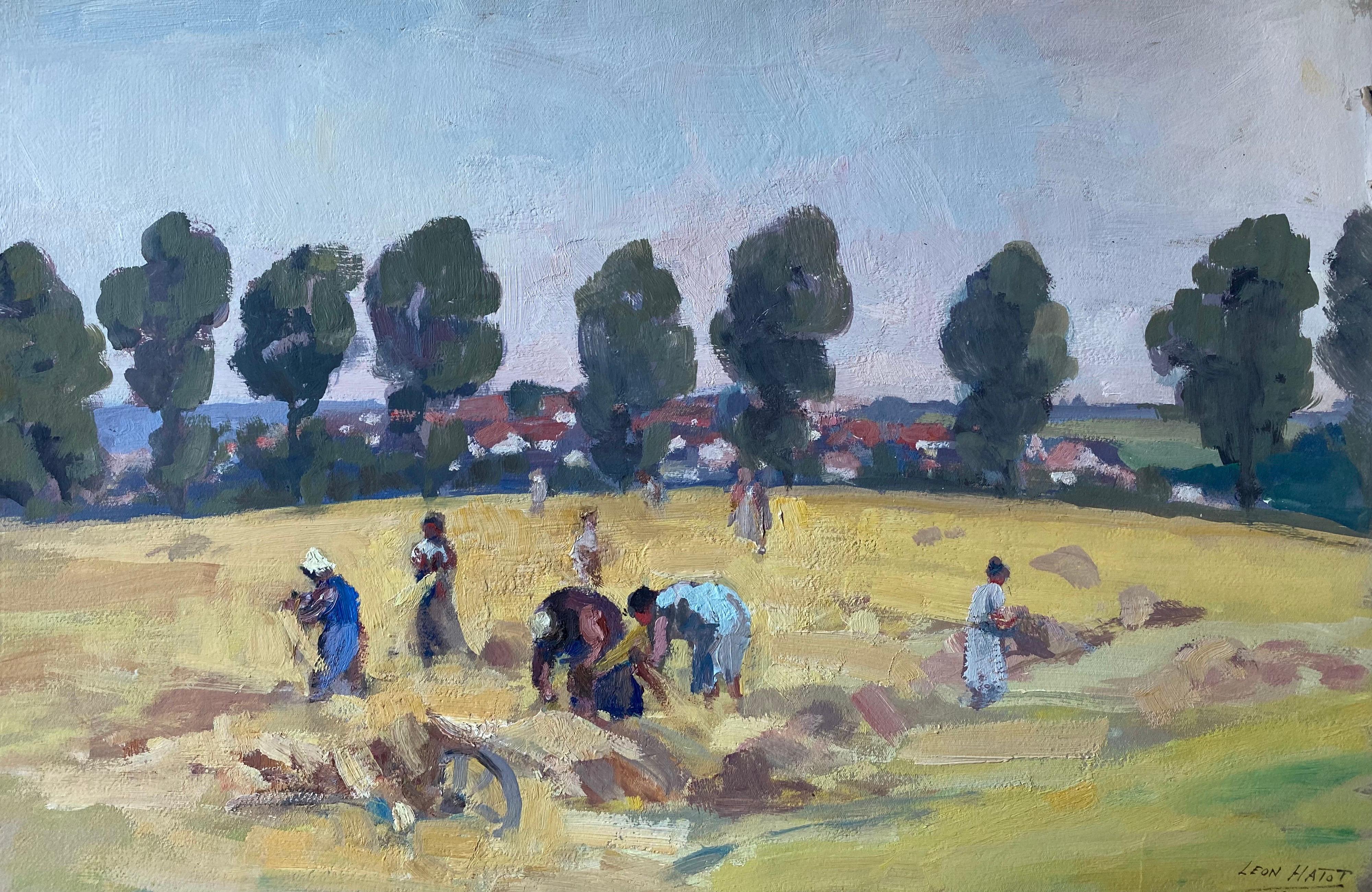 Leon Hatot - Vintage Signed French Impressionist Oil Harvest Workers in ...