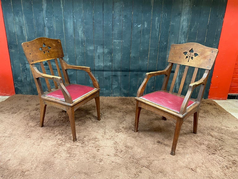 Léon Jallot '1874-1967' Pair of Oak and Leather Armchairs circa 1920 ...