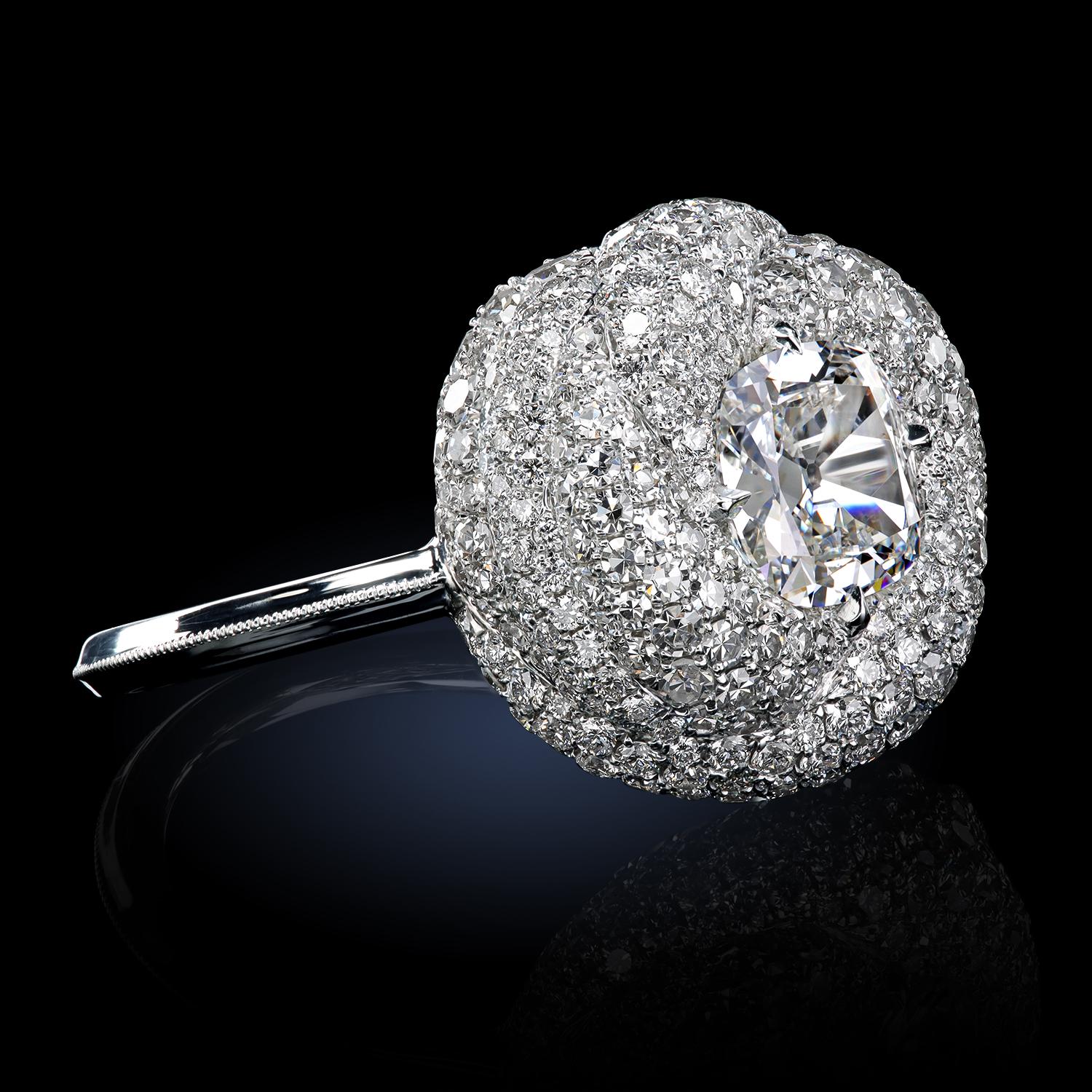 Leon Megé Bespoke Platinum Ring with Antique Cut Cushion Diamond and ...