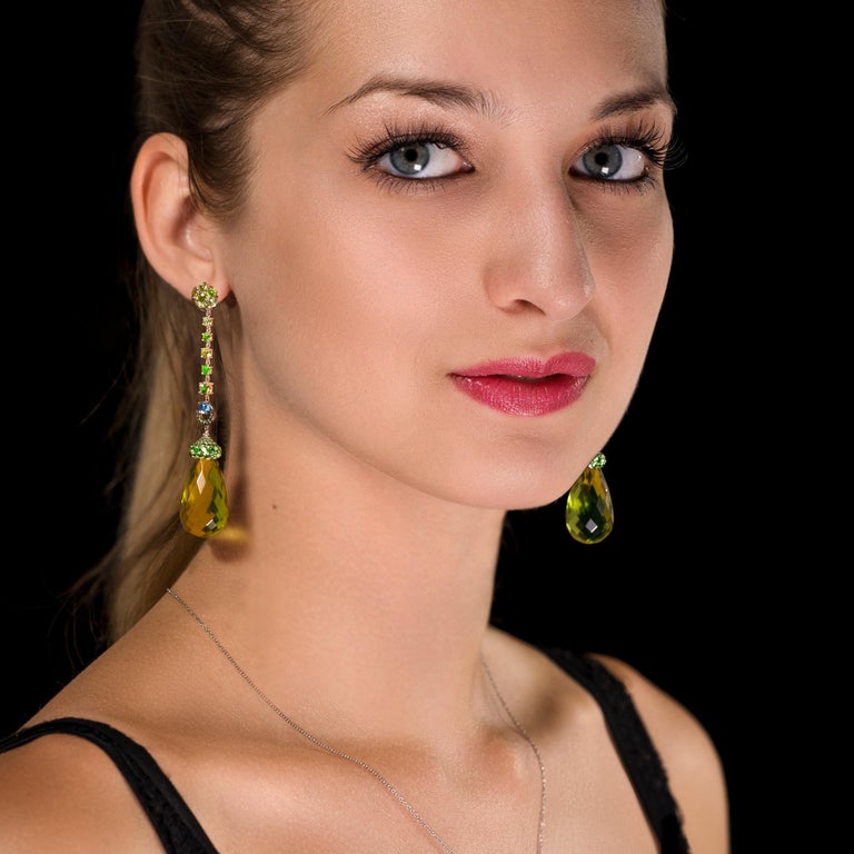 Leon Mege long drop earrings with green amber tsavorite, garnet and ...