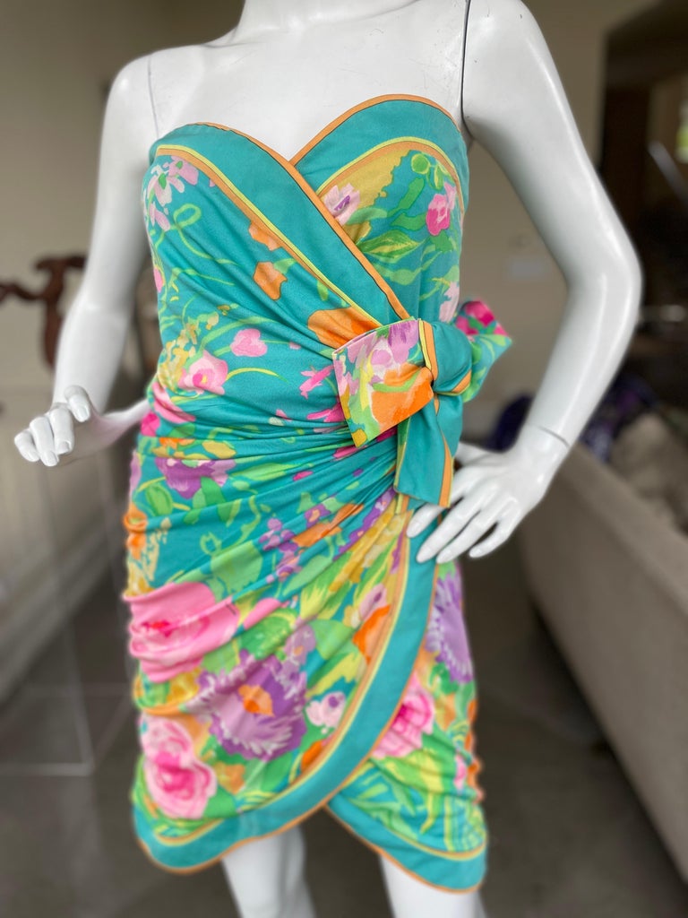 Leonard Paris Vintage Floral Wrap Style Shirred Silk Strapless Cocktail ...