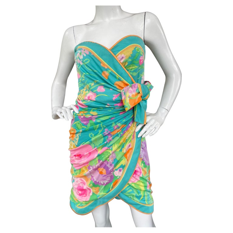 Leonard Paris Vintage Floral Wrap Style Shirred Silk Strapless Cocktail ...
