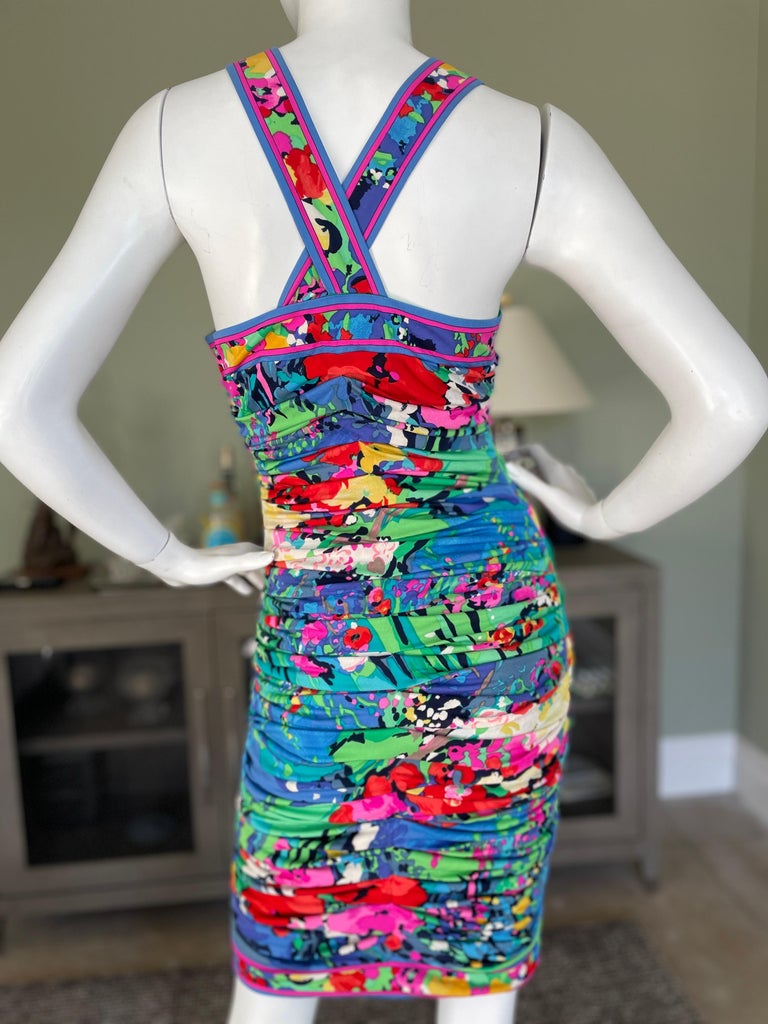 Leonard Paris Vintage Floral Button Front Shirred Cocktail Dress For ...