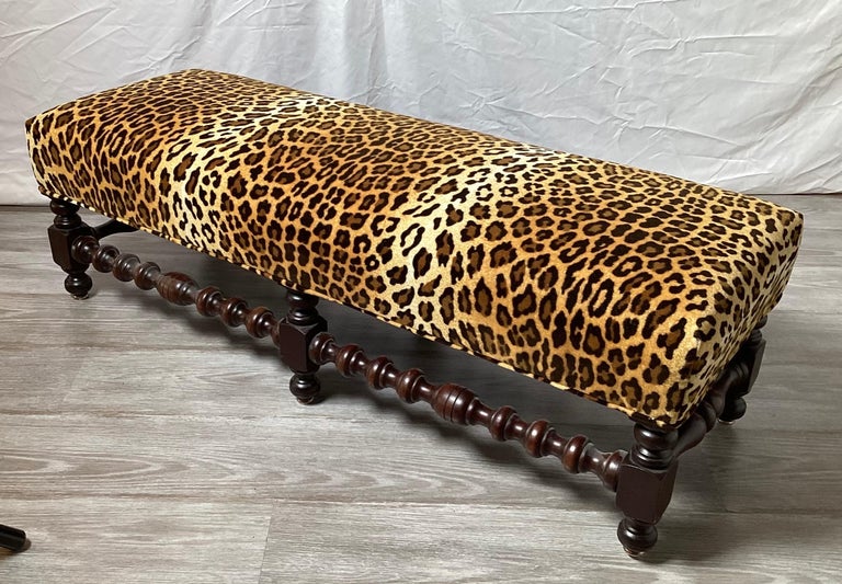 Leopard Pattern Long Walnut Stained Bench For Sale at 1stDibs
