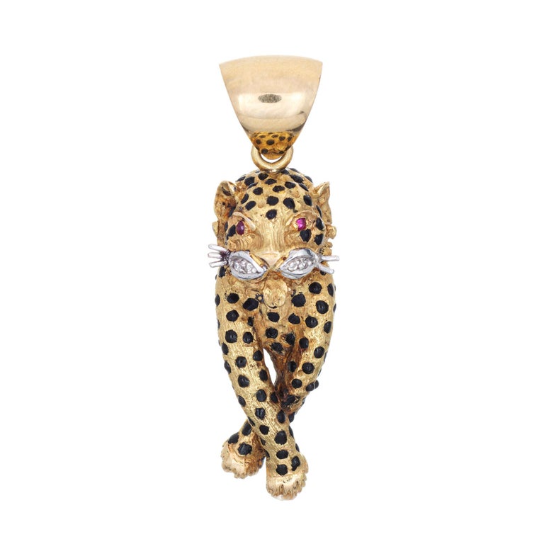 Leopard Pendant Vintage 18k Yellow Gold Diamond Ruby Eyes Black Enamel ...