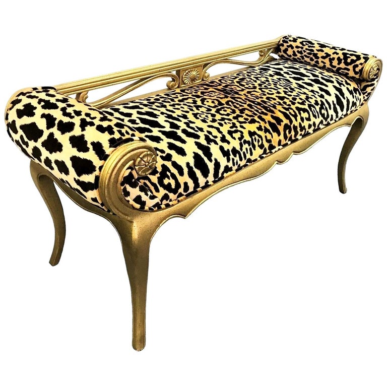 Leopard Print French Louis XV Style Carved Window Bench at 1stDibs
