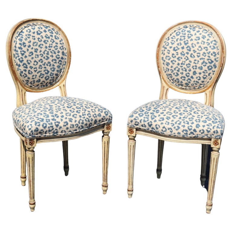 Leopard Printed Upholstery French Cameo Back Louis XVI Side Chairs For ...