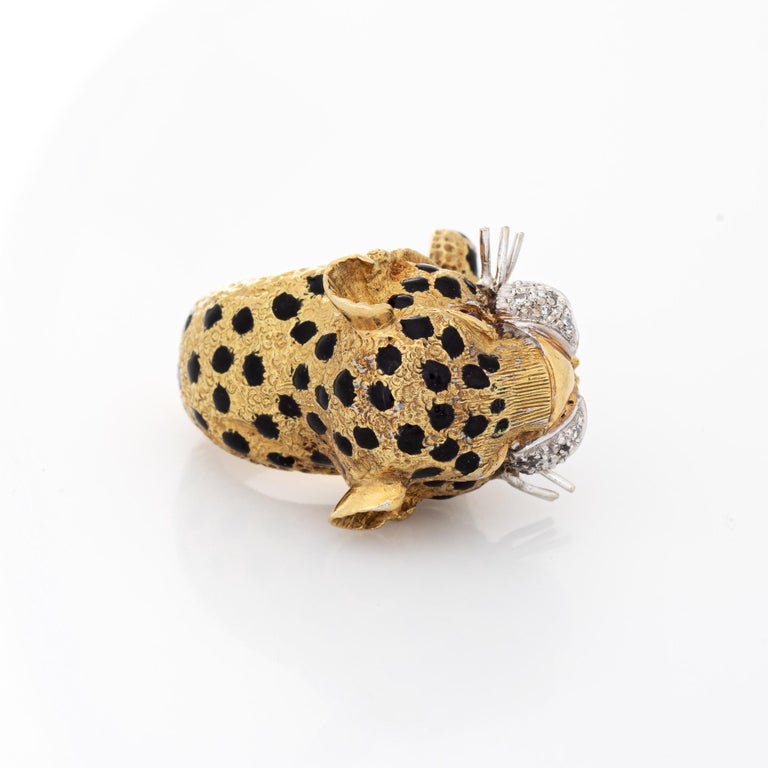 Leopard Ring Vintage 18k Yellow Gold Diamond Ruby Eyes Black Enamel ...