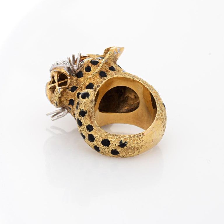 Leopard Ring Vintage 18k Yellow Gold Diamond Ruby Eyes Black Enamel ...